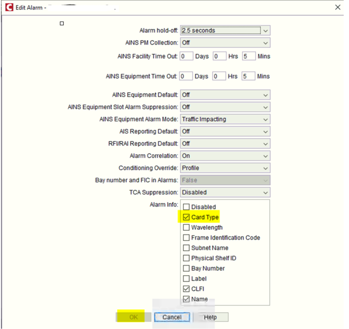 OME6500: Card type not showing in alarm on the Site Manager window