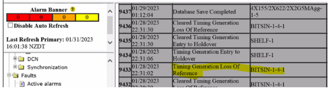 OME 6110: “Timing Generation Loss Of Reference” alarm.